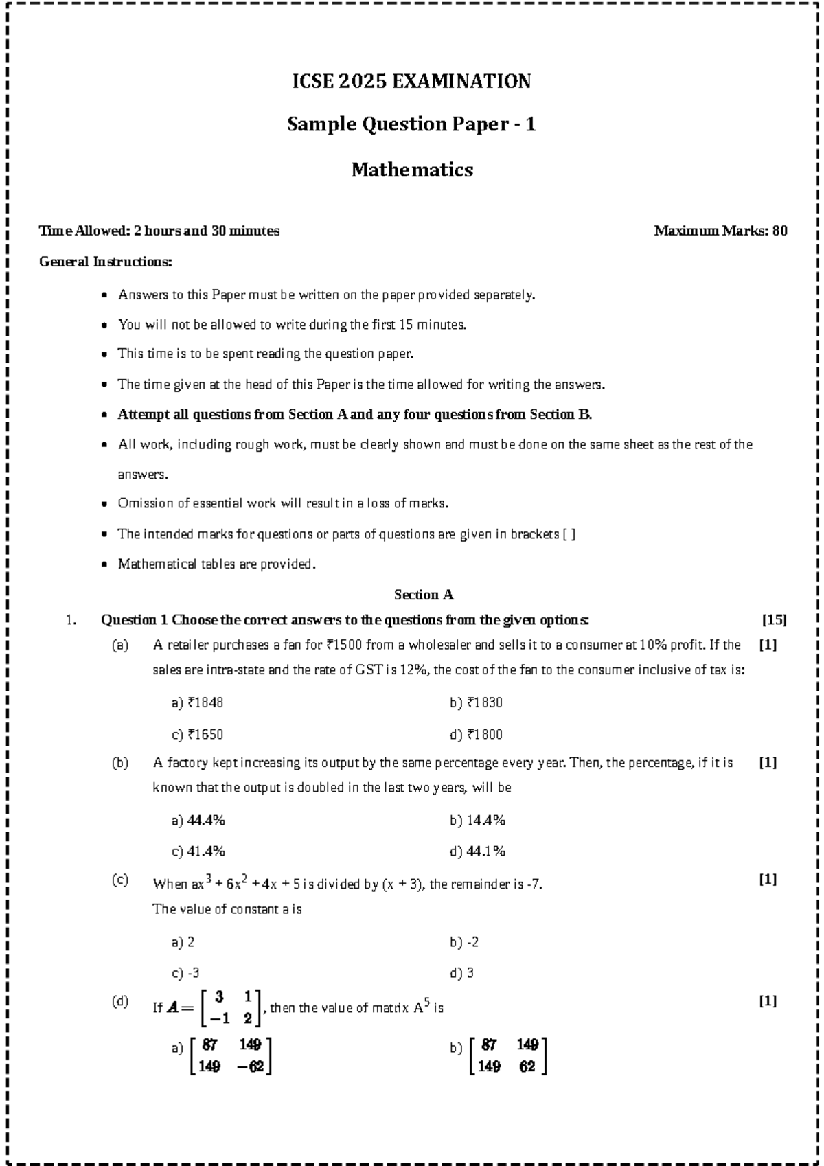 ICSE 2025 EXAMINATION Sample Question Paper 1 - Mathematics - Studocu
