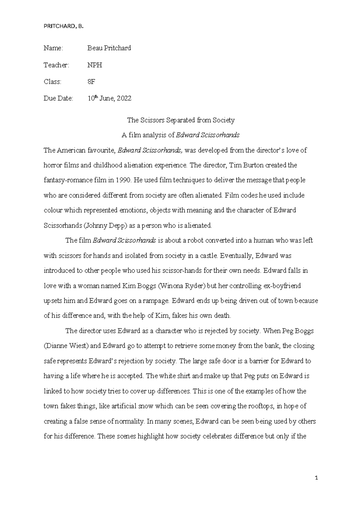 NPH 8F Final Essay: Analysis of Edward Scissorhands - Studocu
