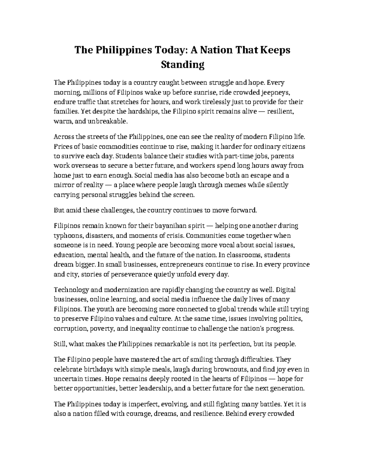 Feature Writing: The Resilience and Hope of the Philippines Today - Studocu