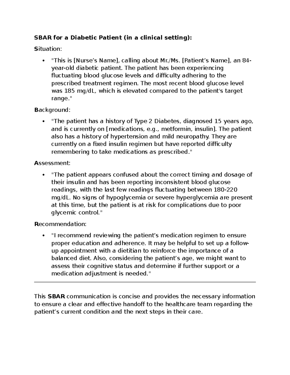 SBAR Communication for Diabetes Management in Elderly Patient - Studocu