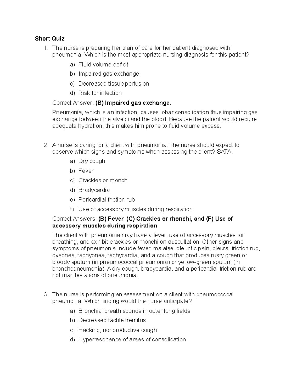 Pneumonia Quiz - Nursing Care & Management (NURS 101) - Studocu