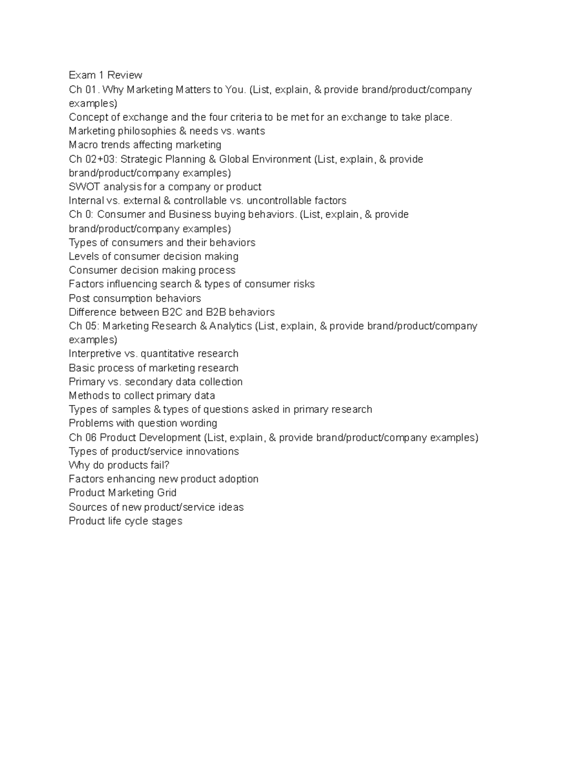 Marketing Exam 1 Review: Key Concepts & Strategies (Ch 01-06) - Studocu