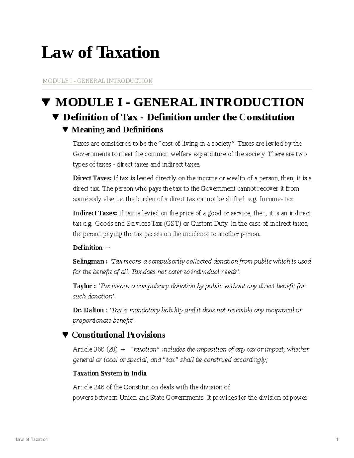 Unit I - Tax Notes: General Introduction to Taxation Law - Studocu