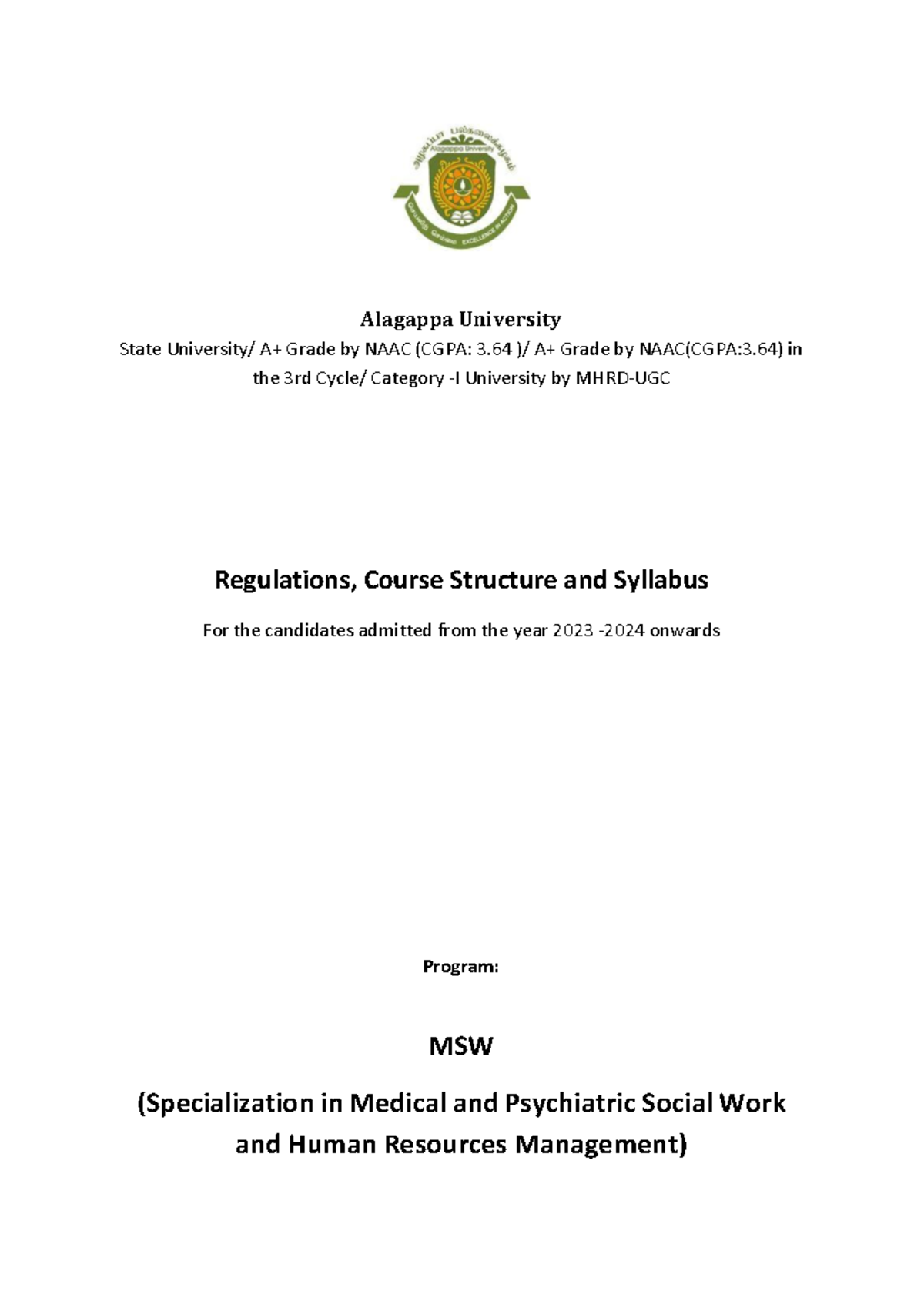Master of Social Work (MSW) Course Regulations & Syllabus Overview ...