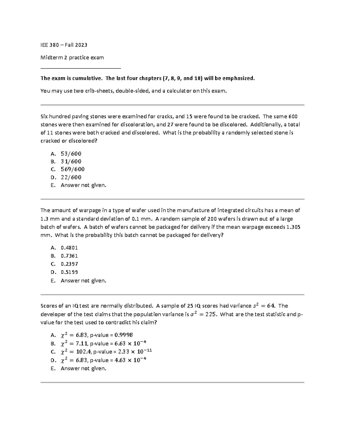 IEE 380 Fall 2023 Midterm 2 Practice Exam Review - Studocu