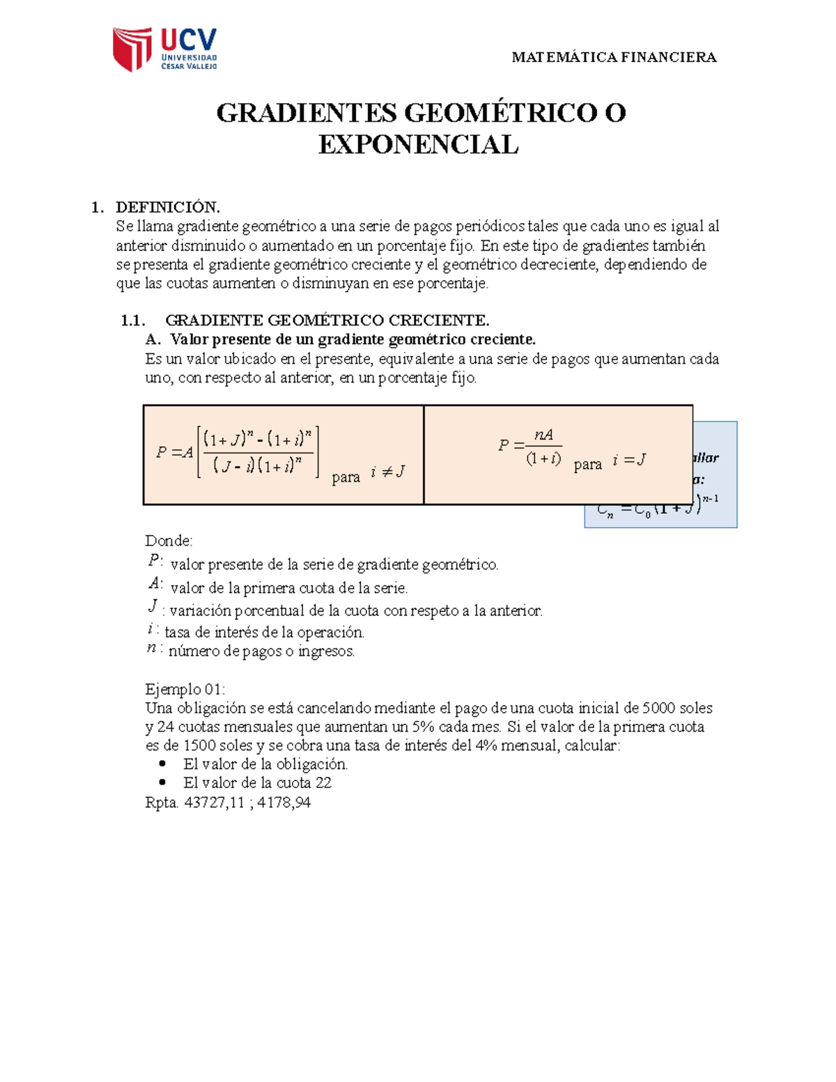 Gradiente Geométrico en Matemática Financiera - 9.2 Notes - Studocu