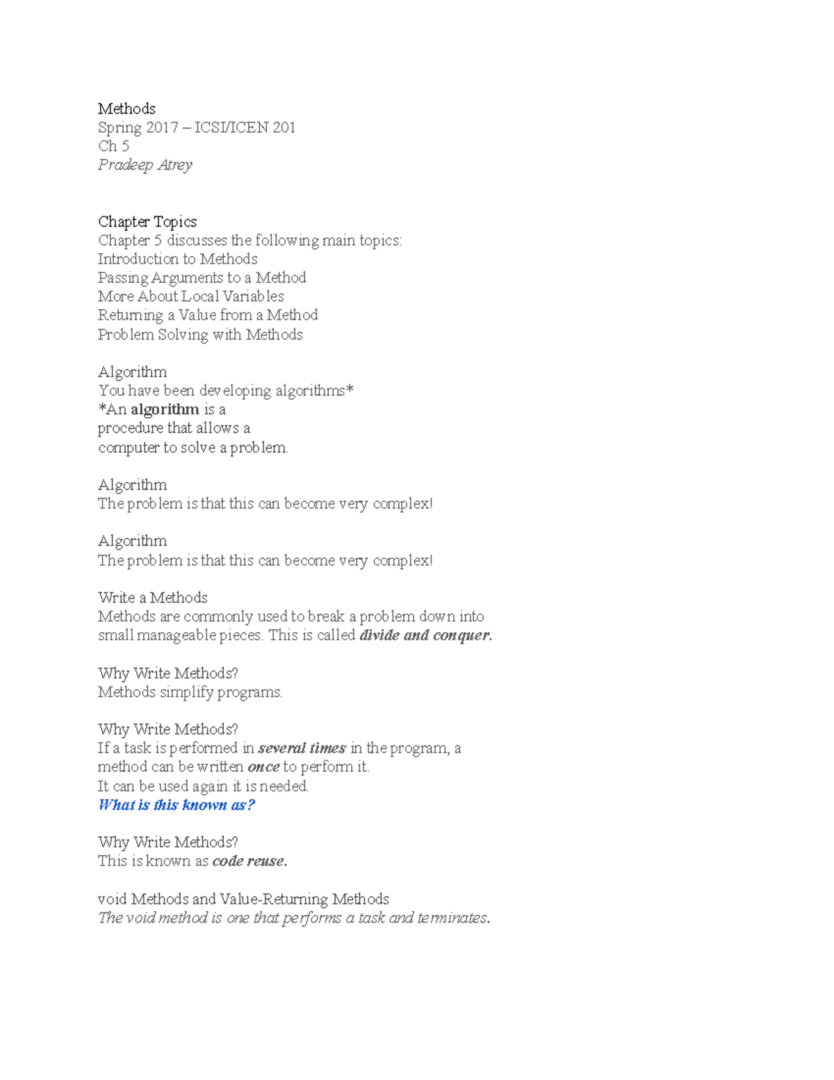 Csi 201 Lecture 5 Notes To Upload Methods Spring 2017 201 Ch 5 Pradeep Atrey Chapter Topics