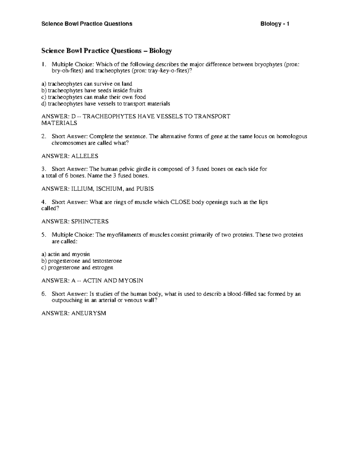 Science Bowl Practice Questions: Biology 1-5 Review - Studocu