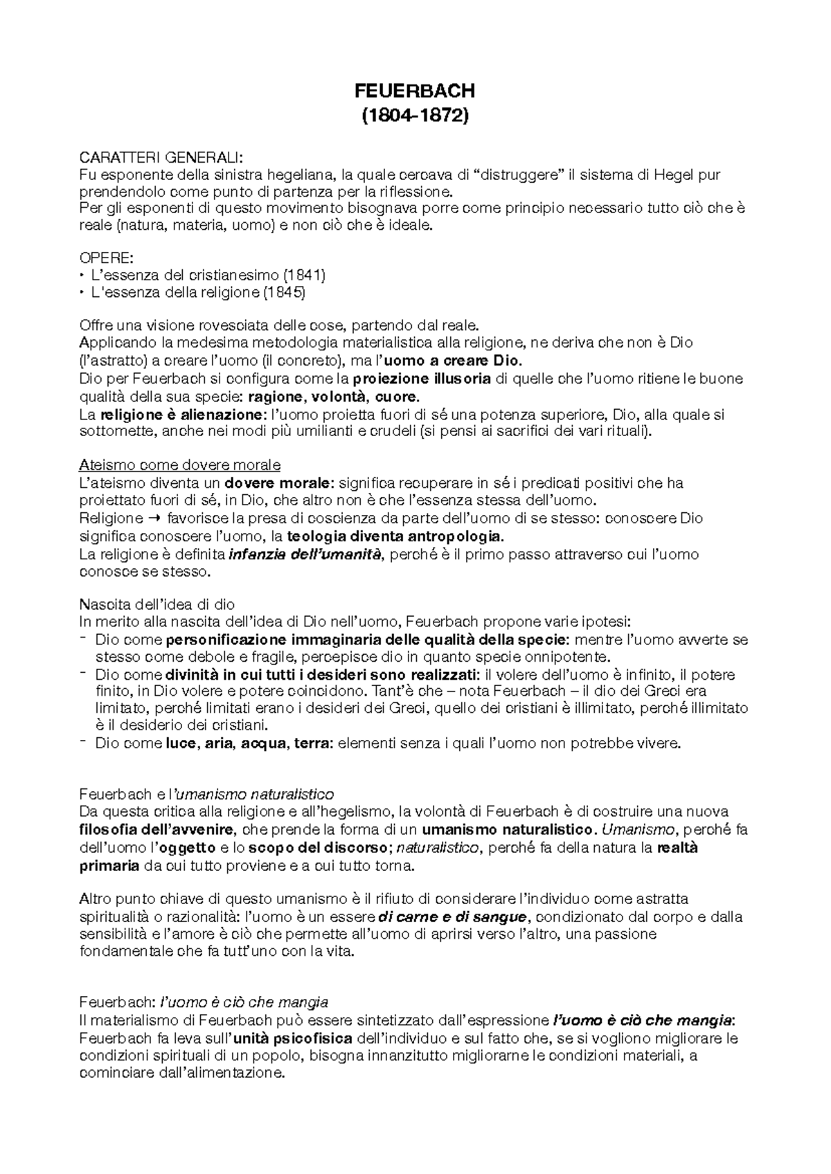 Feuerbach: Materialismo e Critica della Religione - Studocu