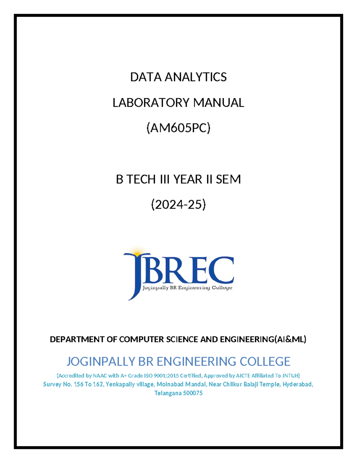 Data Analytics Lab Manual (AM605PC) for B.Tech CSE II Sem - Studocu