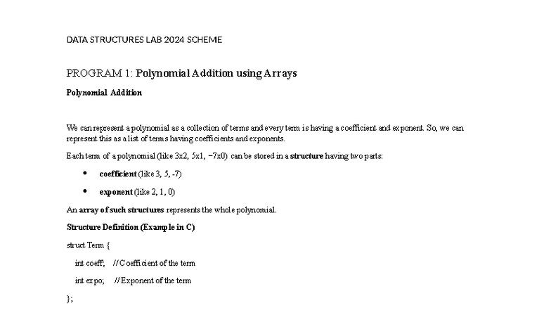 DATA STRUCTURES LAB 2024 SCHEME: Polynomial Addition & Sparse Matrix Operations - Studocu