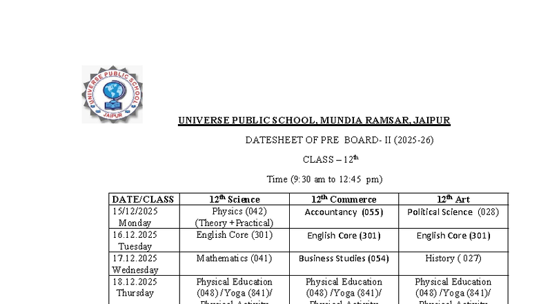 Date Sheet for Pre Board II Class 12 - Universe Public School - Studocu