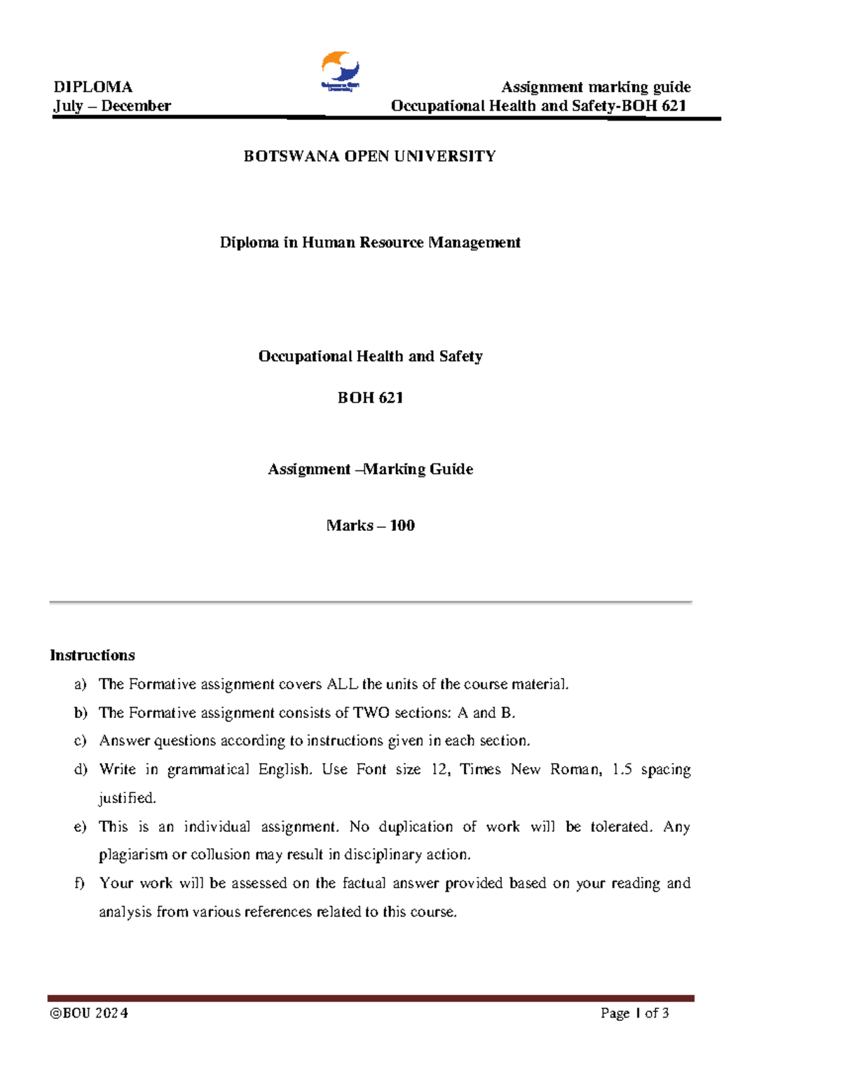 BOH 621 Assignment Marking Guide: Occupational Health & Safety - Studocu