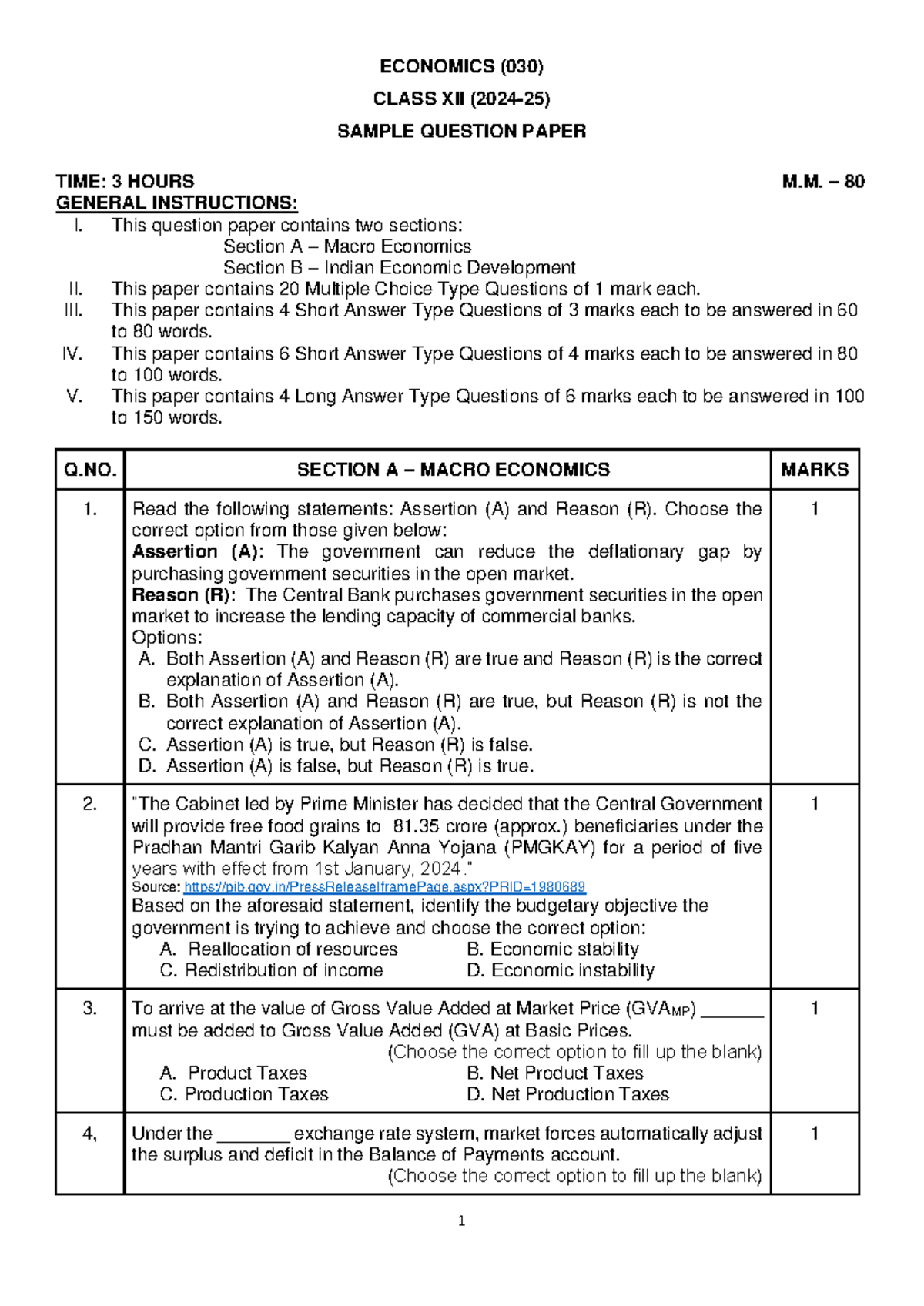 Class XII Economics Sample Question Paper (SQP) 2024-25 - Studocu