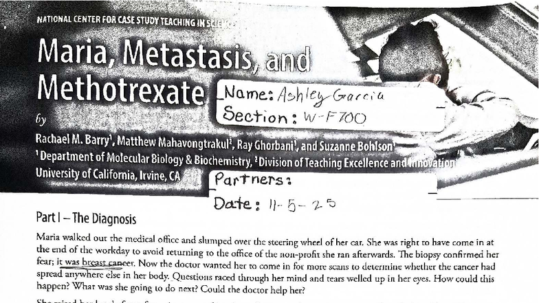 Cancer Class Activity: Metastasis and Methotrexate Case Study - Studocu