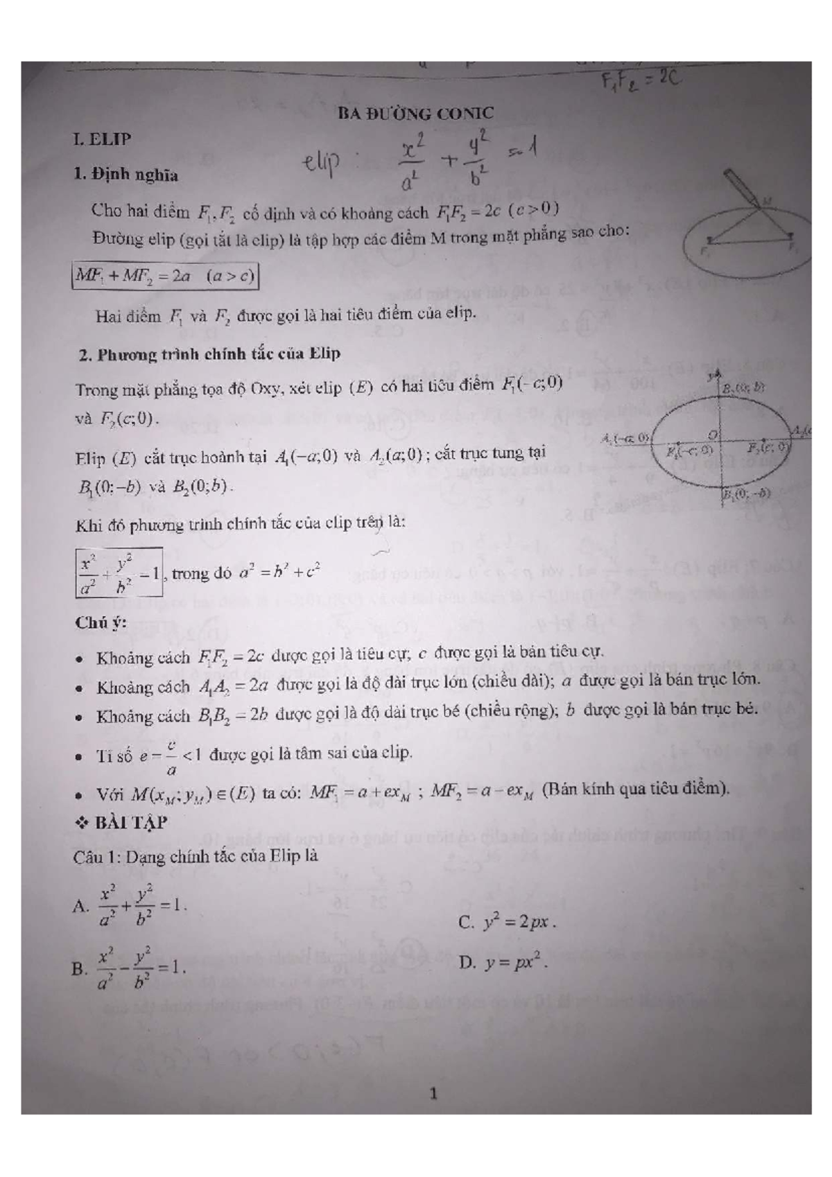 F1F2 2C F,F2 BA CONIC I: Định Nghĩa và Phương Trình Elip - Studocu