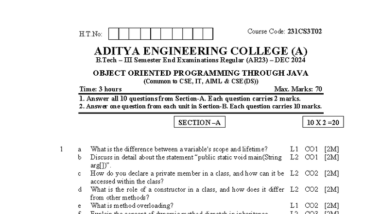 17346952255 Object Oriented Programming Through JAVA - Course Code: 231CS3T ADITYA ENGINEERING ...