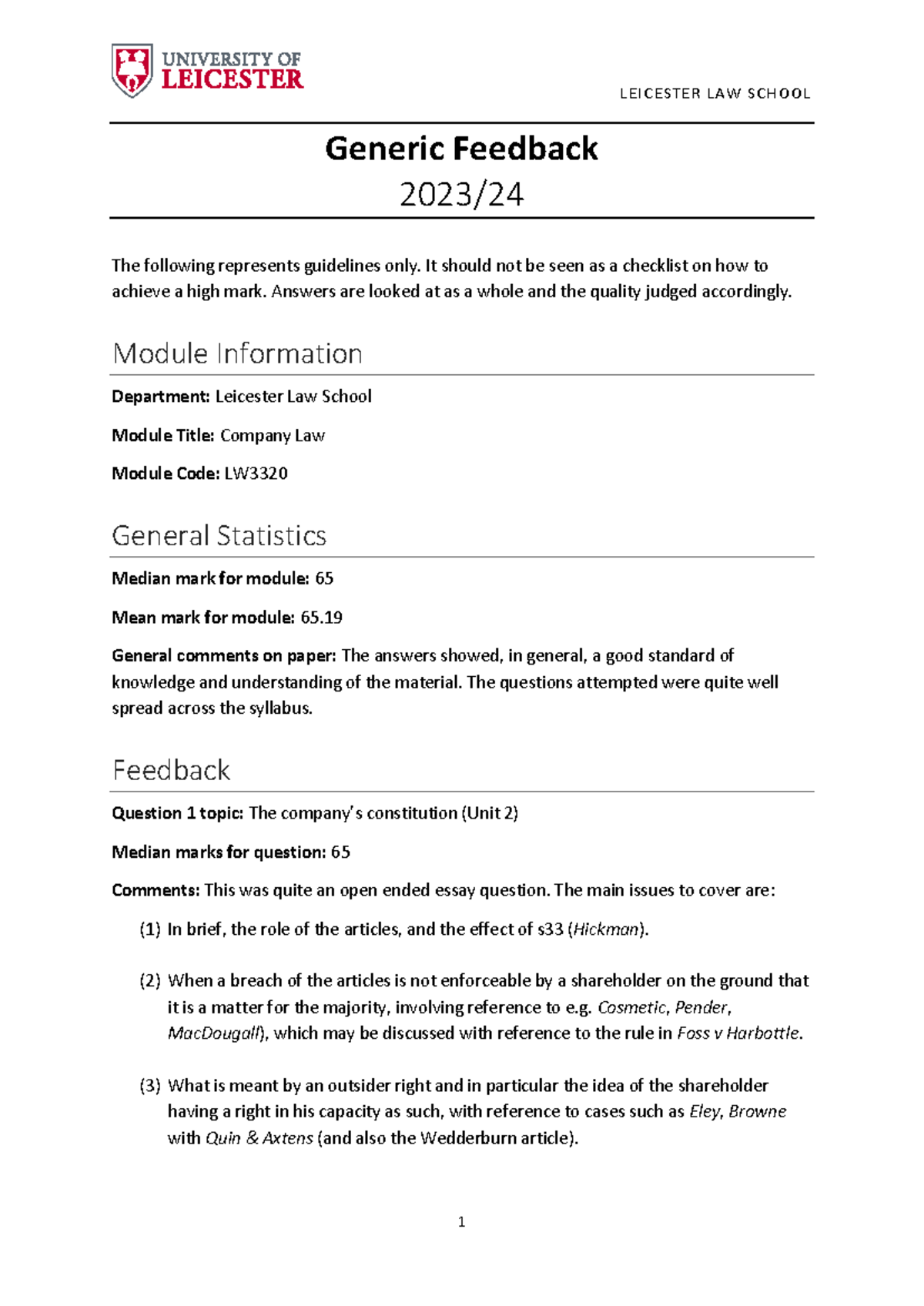 LW3320 Company Law Generic Feedback 2024 - Generic Feedback 2023 /2 4 ...