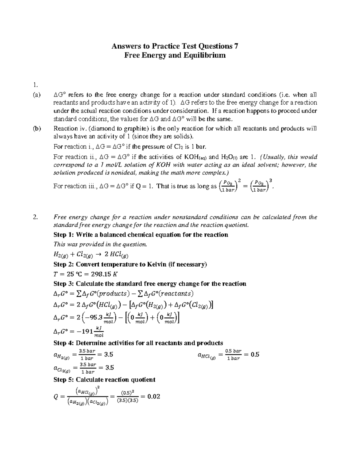 Chem2000 Practice Test 7: Free Energy & Equilibrium Answers - Studocu