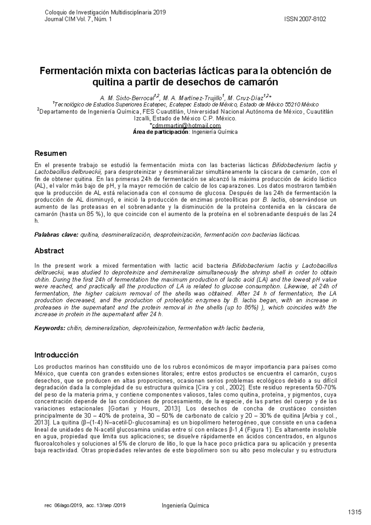 Fermentación Mixta de Bacterias Lácticas para Obtención de Quitina ...