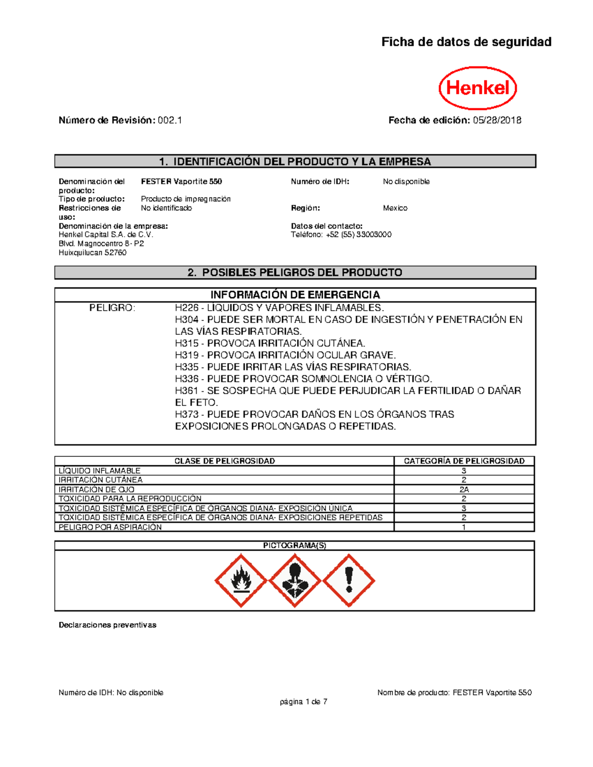 FESTER Vaportite 550 - Hoja de Seguridad y Manejo de Riesgos - Studocu