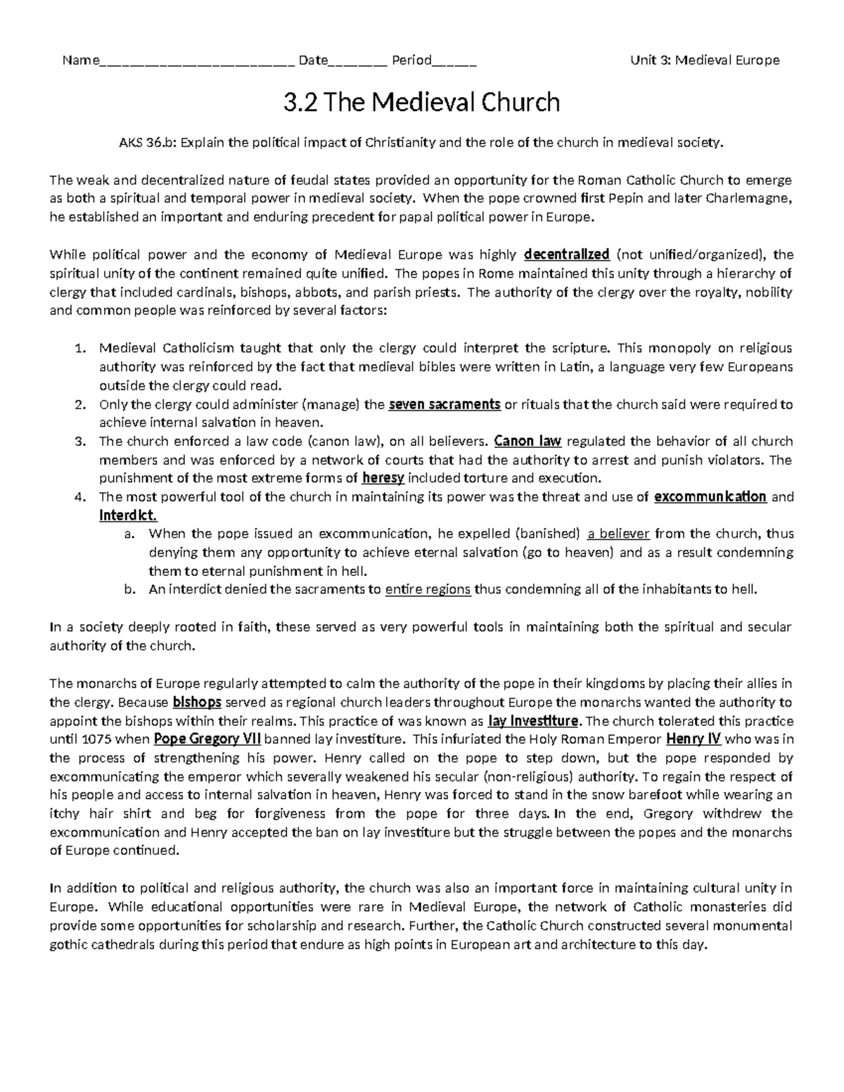 Unit 3: Medieval Europe - The Role of the Church in Society (AKS 36.b ...