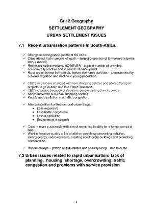 Gr 12 Settlement Geography: Summaries of Urban Settlements - Studocu