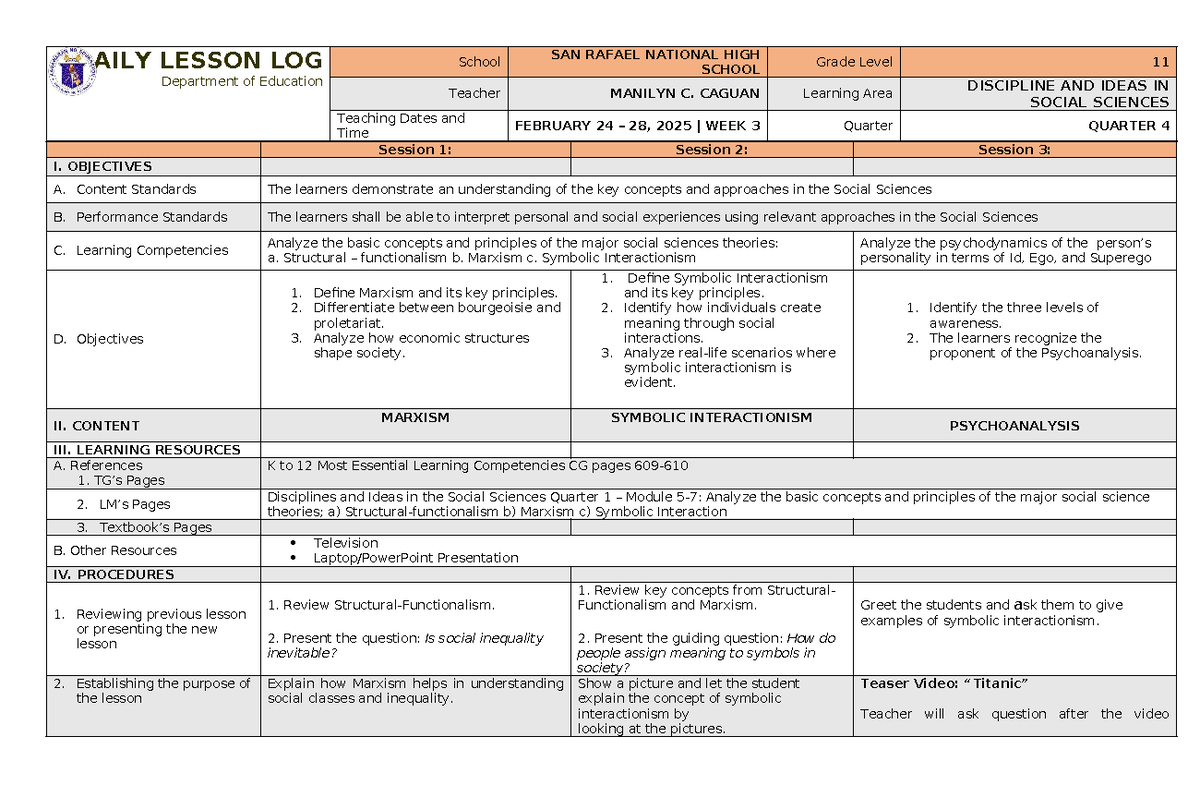 DISS 11 Q4 WEEK 3 - Lesson Plan on Social Sciences Concepts - Studocu