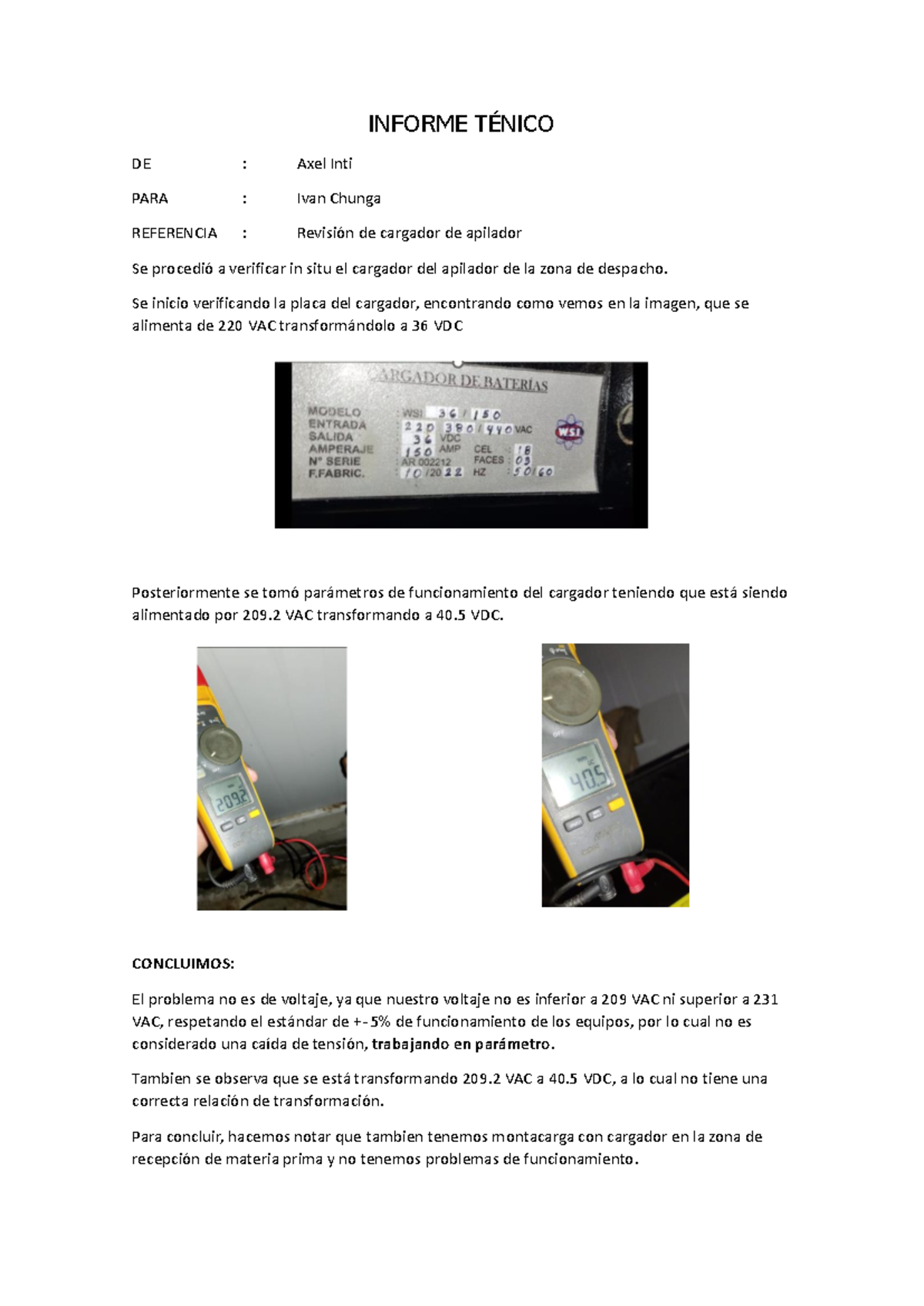 Informe Ténico: Revisión del Cargador de Apilador en Despacho - Studocu