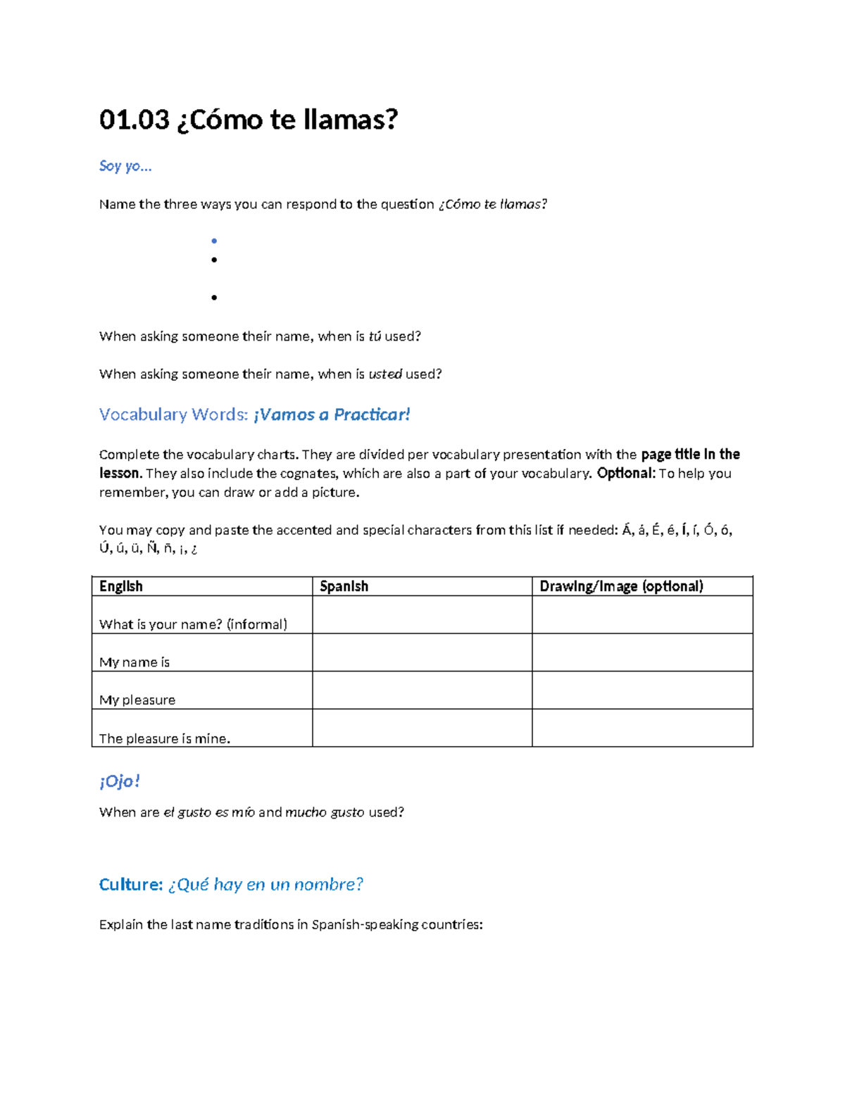 01.03 Spanish Name Responses and Vocabulary Practice - Studocu
