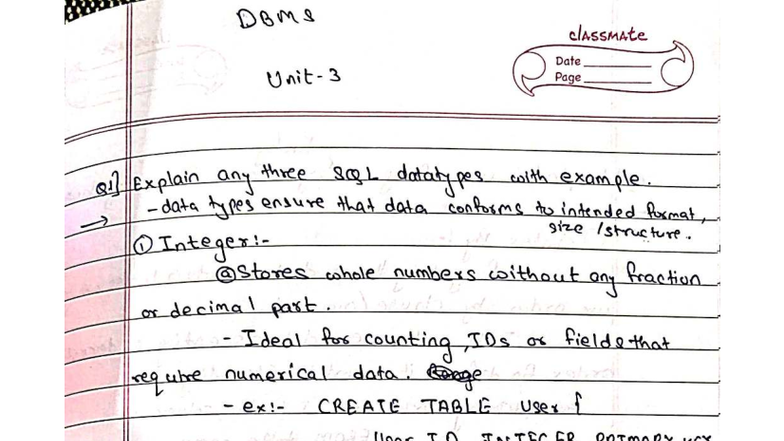 DBMS Classmate Notes: SQL Data Types, Functions, and Transactions - Studocu