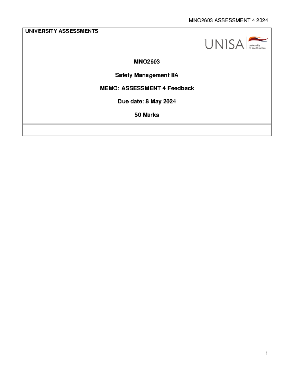 MNO2603 Safety Management IIA - Assessment 4 Feedback Memo - Studocu