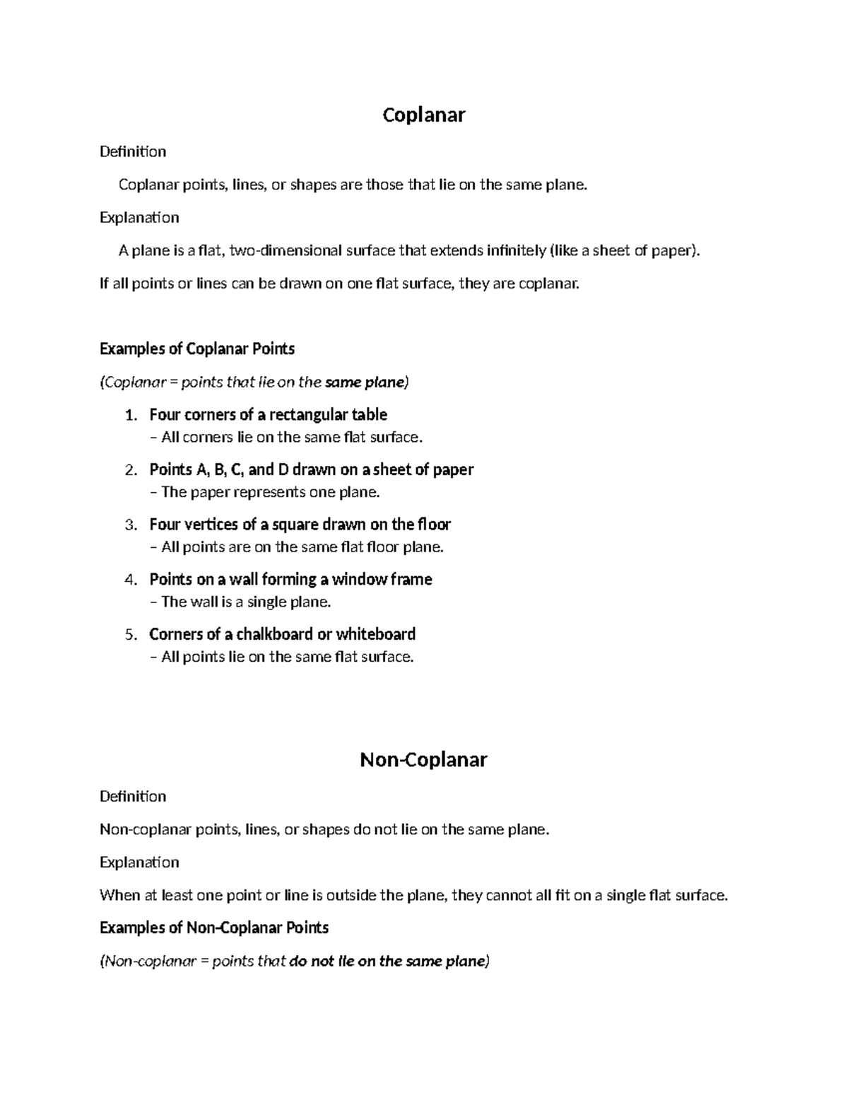 Coplanar and Non-Coplanar Points: Definitions and Examples - Studocu