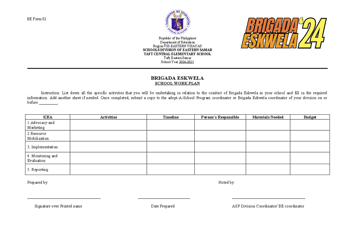 BE-Form-2 - Brigada Eskwela Forms - BE Form 02 Republic of the ...