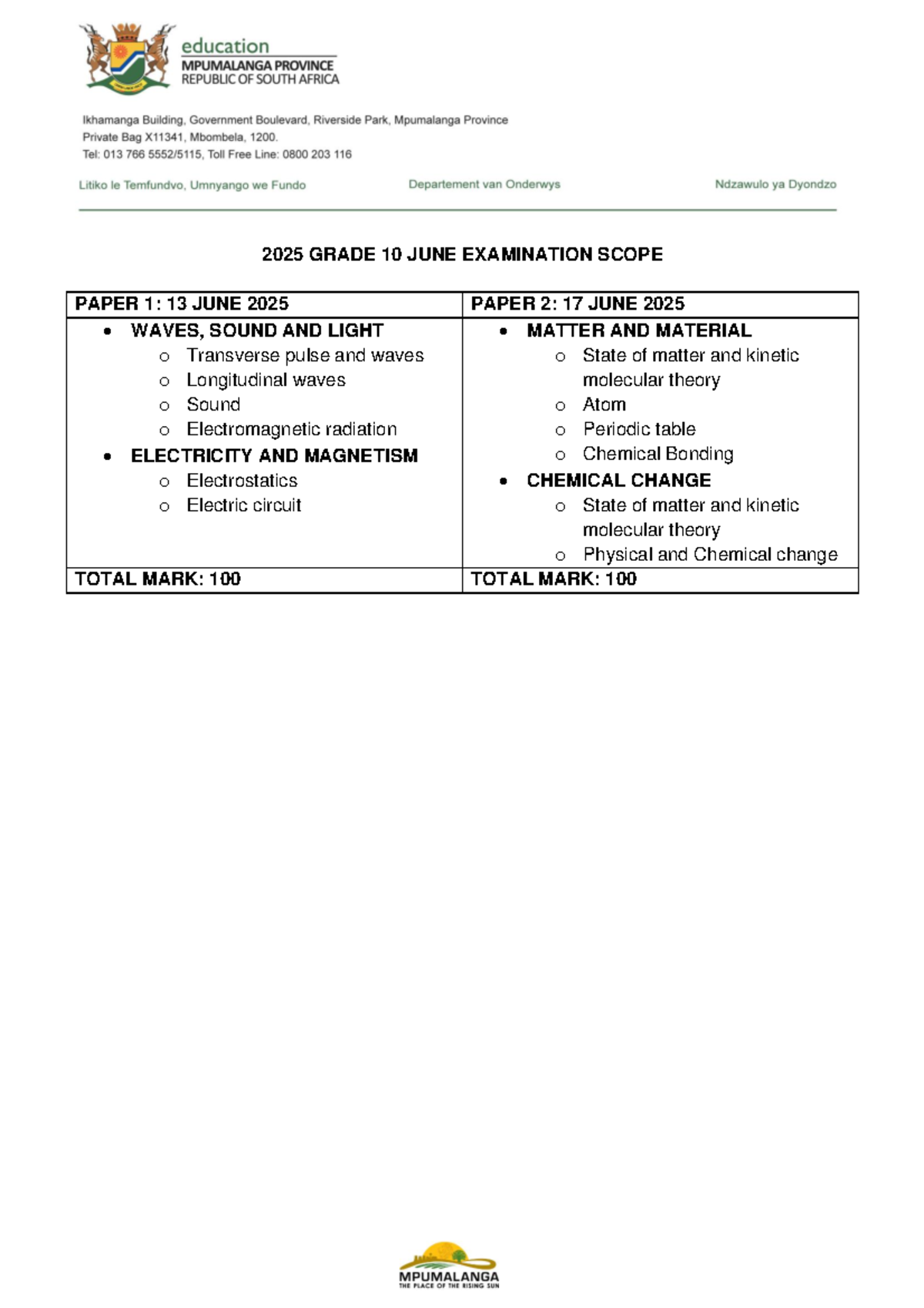 2025 GR10 Physical Sciences JUNE EXAM Scope - 2025 GRADE 1 0 JUNE ...