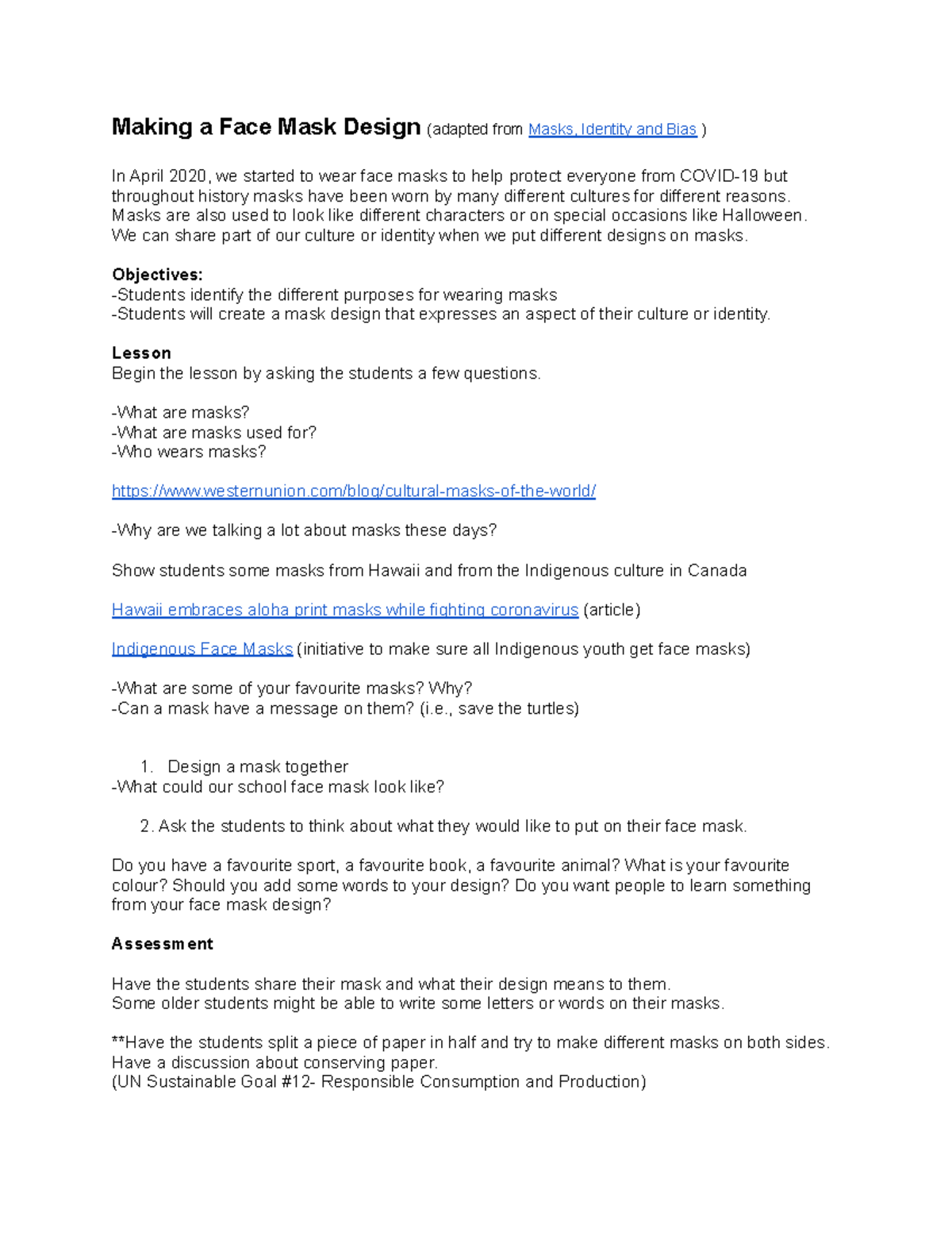 Face Mask Design Lesson Plan - Arts LP - Studocu