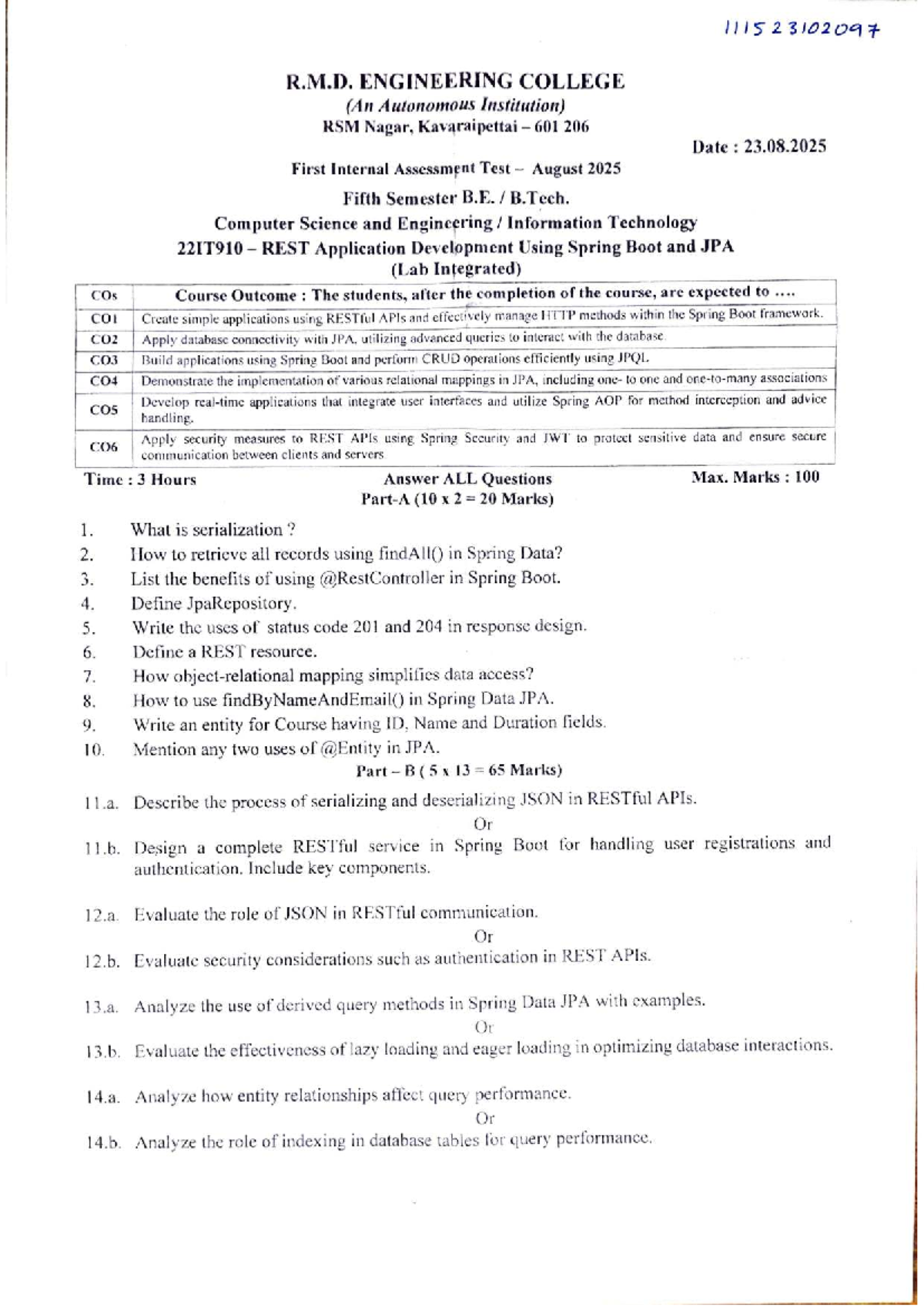 22IT910 First Internal Assessment Test: REST App Dev Using Spring Boot ...