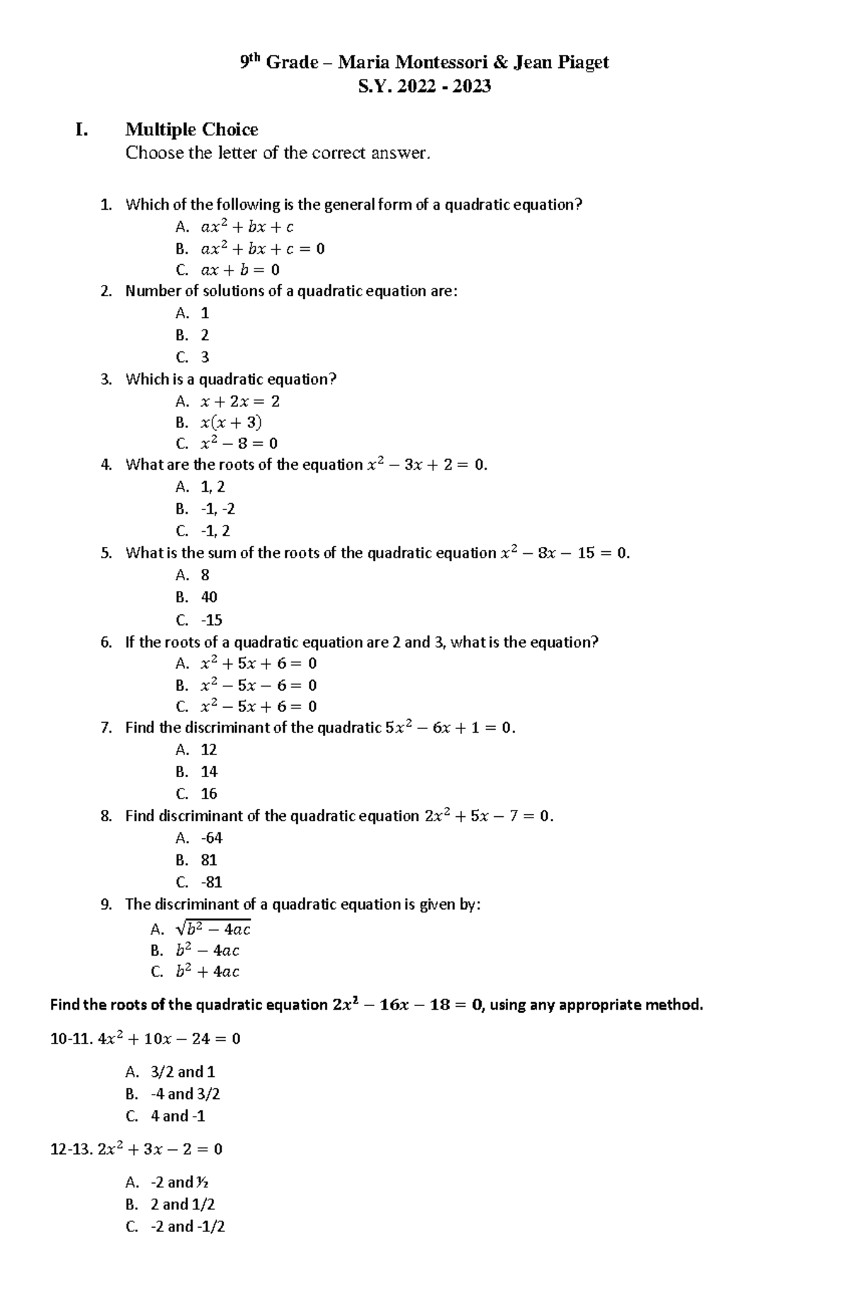 1st Periodical Exam (Math 9): Quadratic Equations MCQs - Studocu