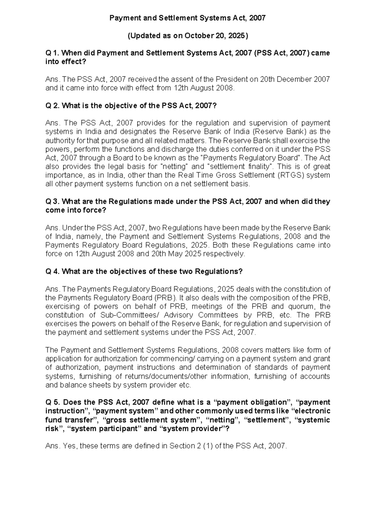 PSS Act, 2007: Comprehensive FAQs (Updated Oct 2025) - Studocu