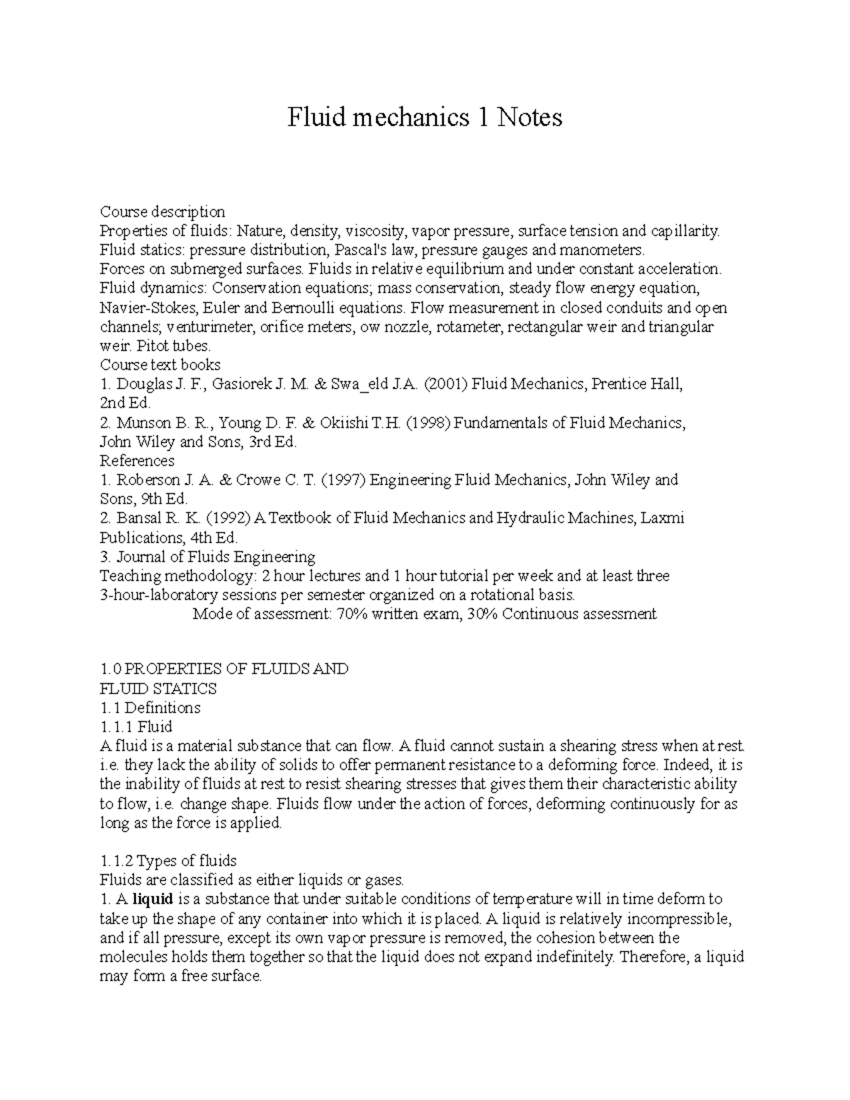 Fluid Mechanics 1 Final Exam Notes: Properties & Dynamics Overview ...