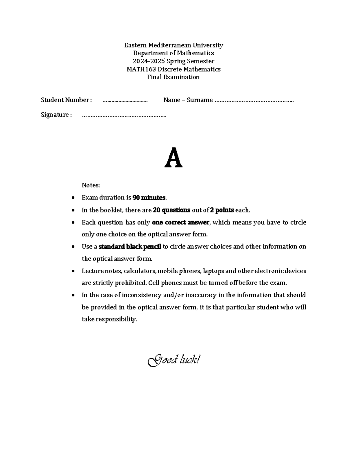 2024-2025 Spring MATH163 Discrete Mathematics Final Exam Book A - Studocu