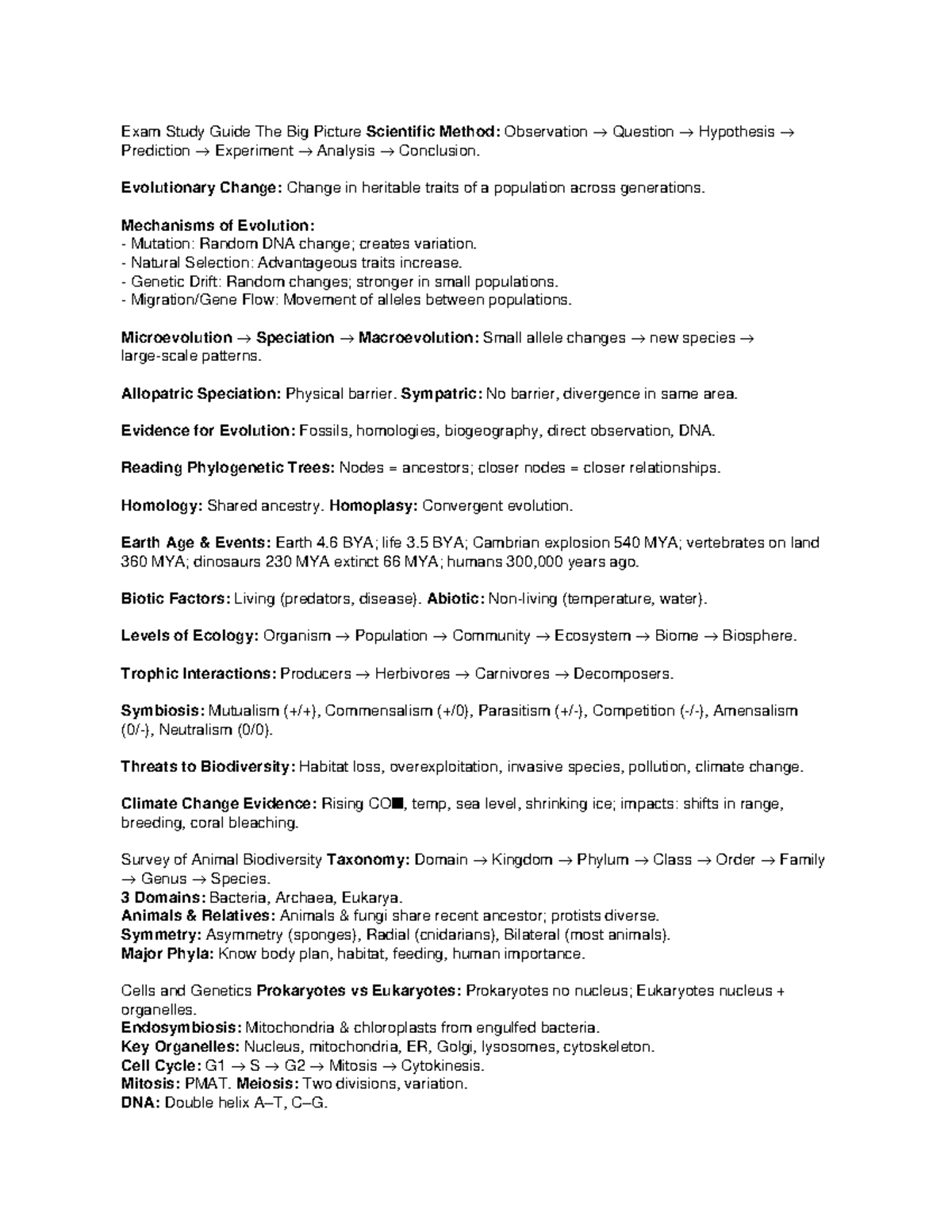 Biology Study Guide: Evolution, Cells, & Animal Functions (BIO 101) - Studocu