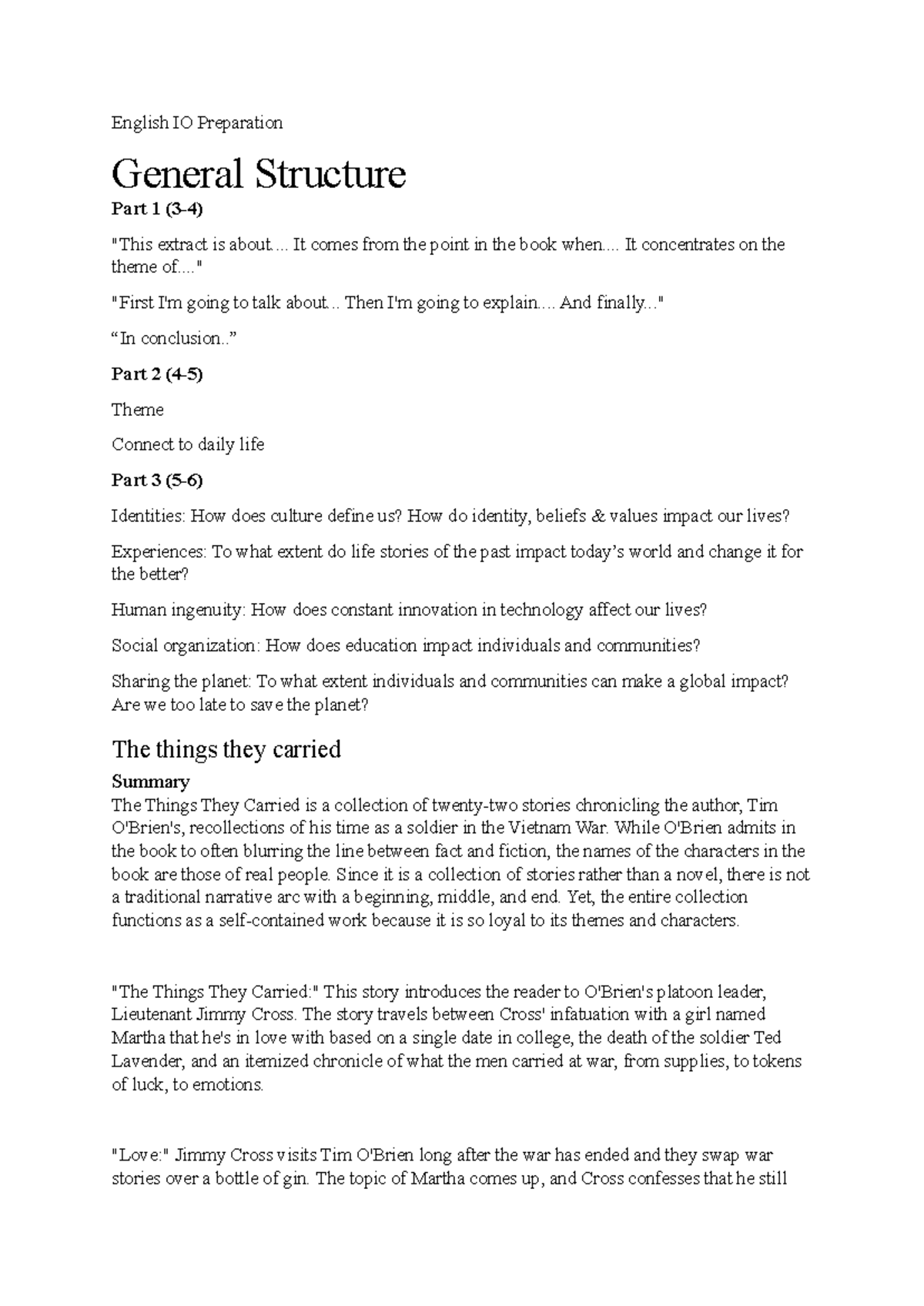 English IO Prep: Key Themes & Analysis of "The Things They Carried ...
