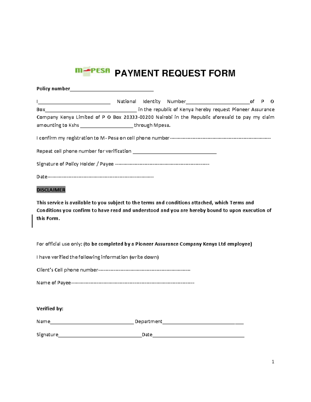 Mpesa Payment Request Form & Service Terms: A Guide for Policyholders ...