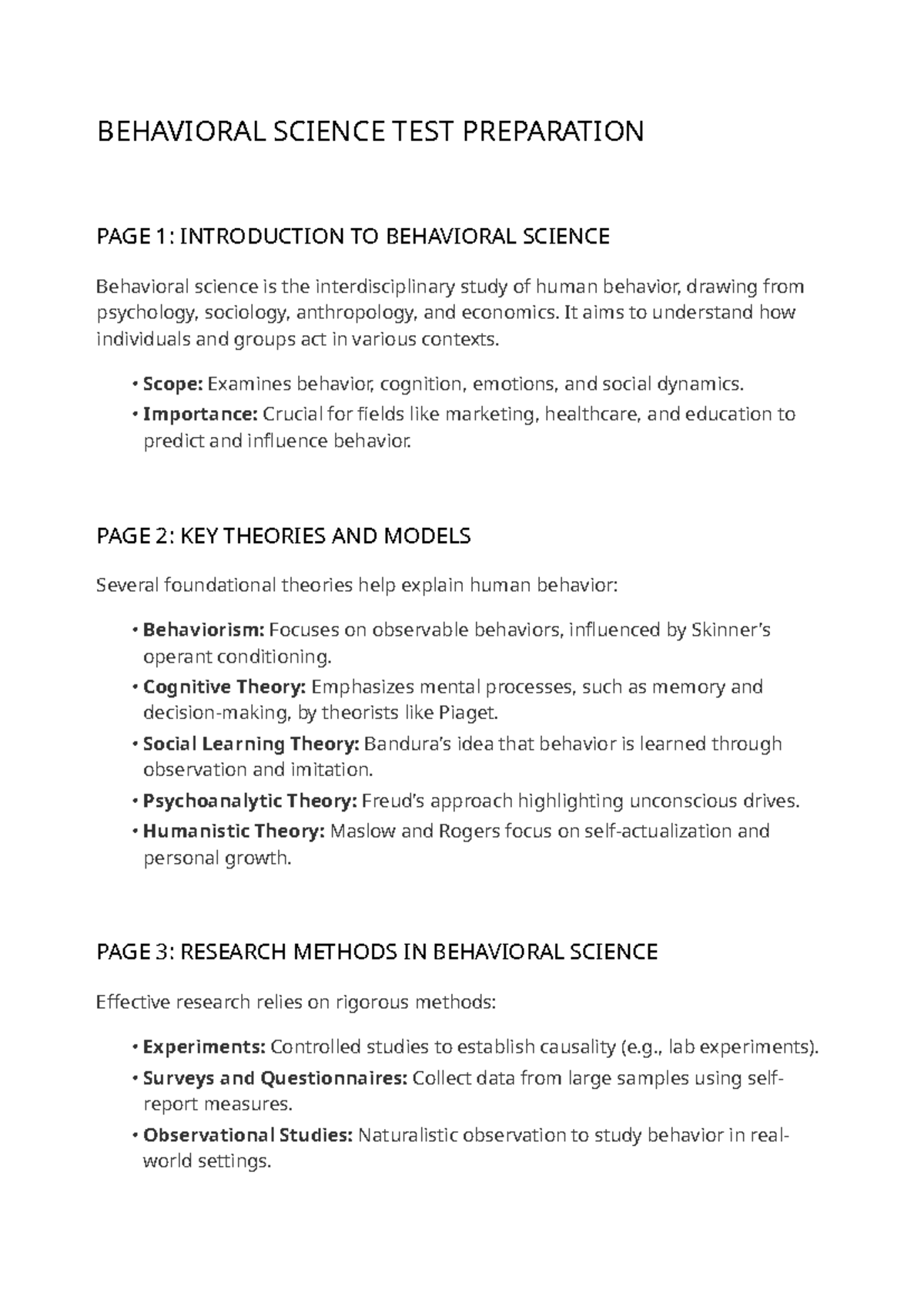 Behavioral Science Test Prep: Key Theories & Research Methods - Studocu
