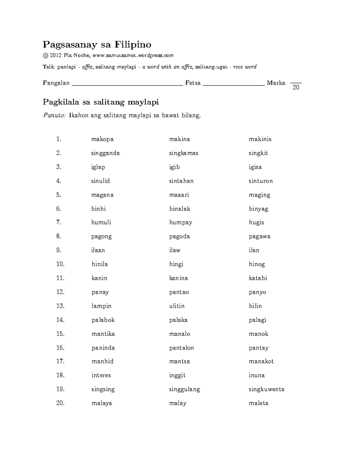 Salitang-maylapi 4-1 - Pagsasanay Activity Sheets sa Filipino - Studocu