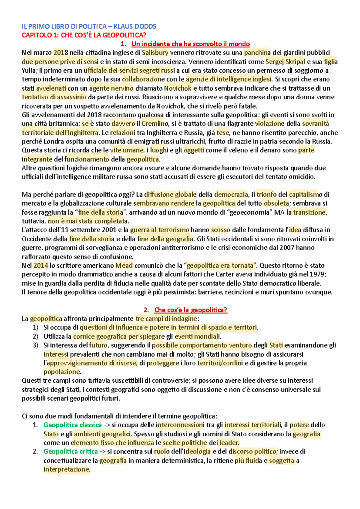 IL PRIMO LIBRO DI GEOPOLITICA KLAUS DODDS: CAPITOLO 1 RIASSUNTO - Studocu
