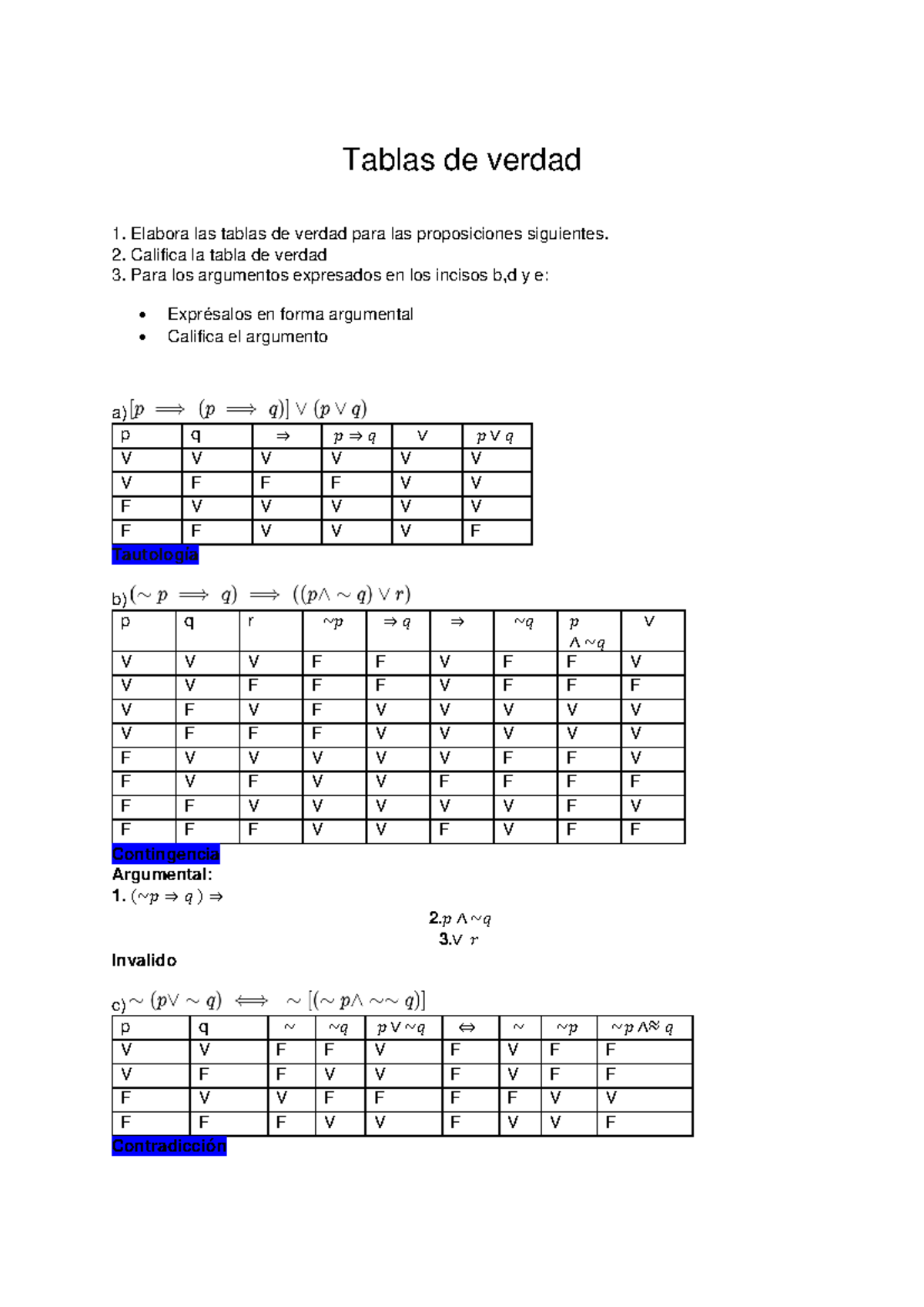 Ejercicios Resueltos de Tablas de Verdad - Lógica Matemática 101 - Studocu