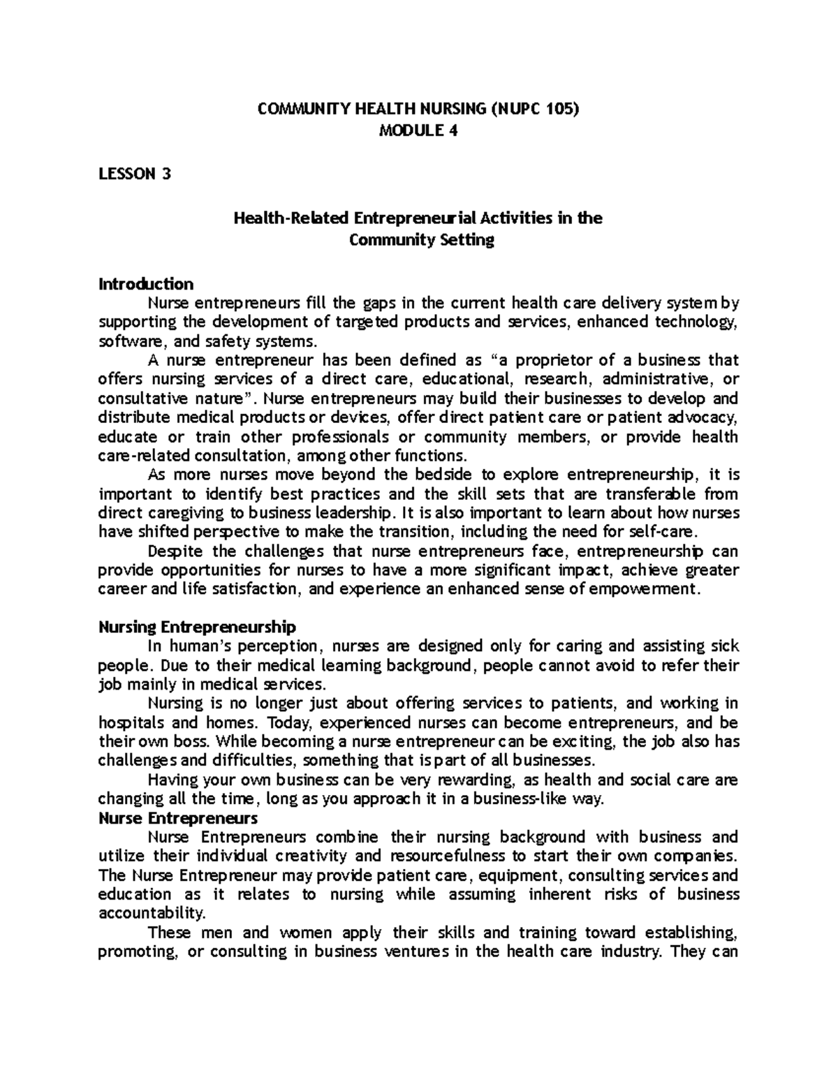 NUPC 105 Community Health Nursing Module 4 Lesson 3: Nurse ...