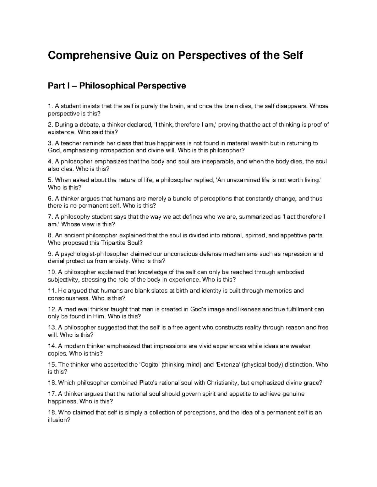 Self Perspectives Quiz: Philosophical, Anthropological, and ...